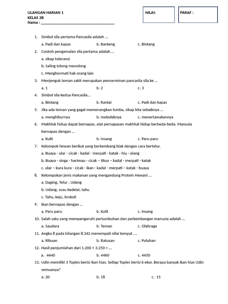 Ulangan Harian Pancasila dan IPA Kelas 3B | PDF