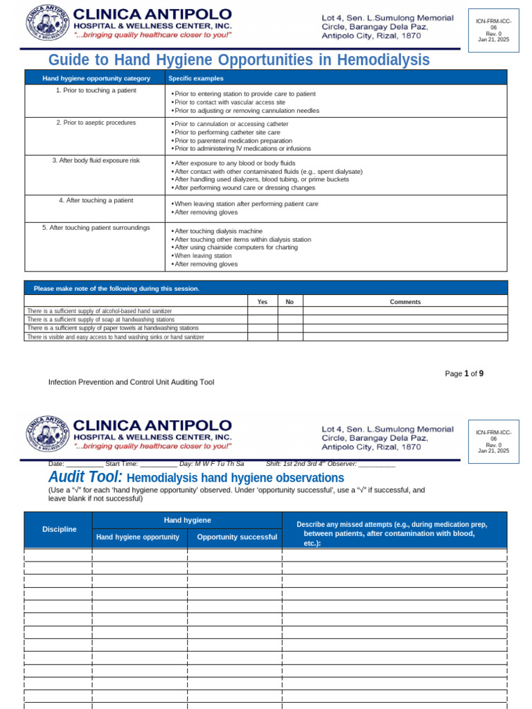 Hemodialysis Auditing Tool 2025 | PDF | Hemodialysis | Hand Washing