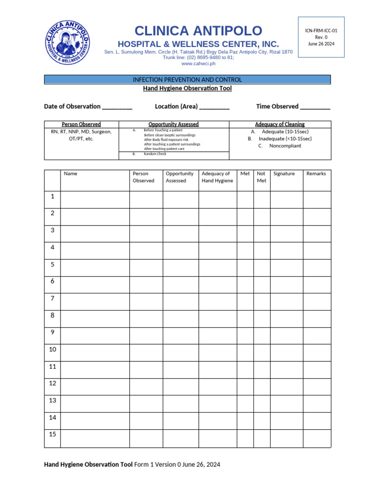 Hand Hygiene Observation Tool Ver. 1 | PDF
