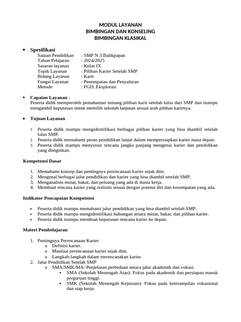 MODUL LAYANAN Pilihan Karier | PDF