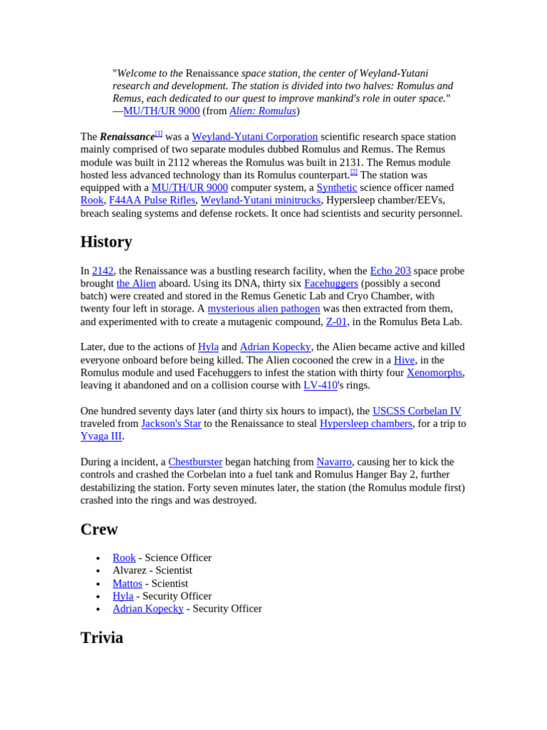 Alien Romulus Renaissance Station | PDF | Romulus And Remus