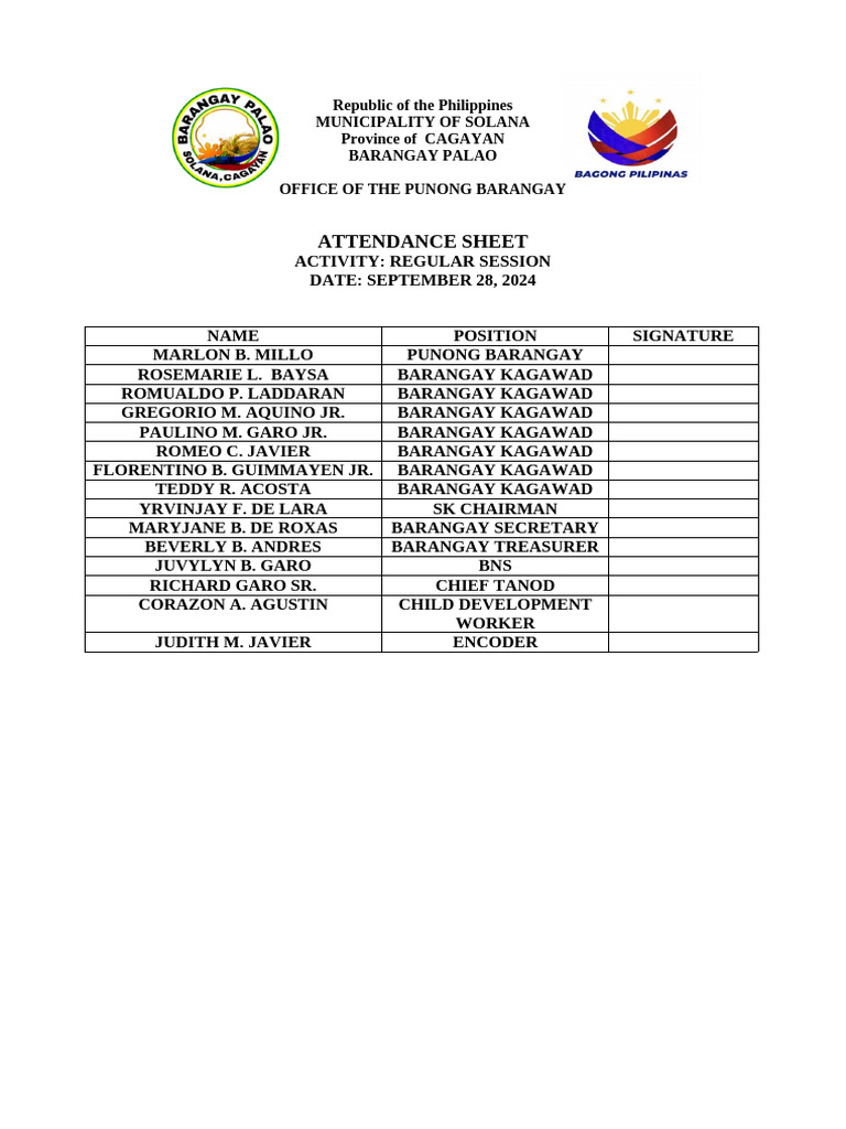 Solana Barangay Regular Session Attendance | PDF