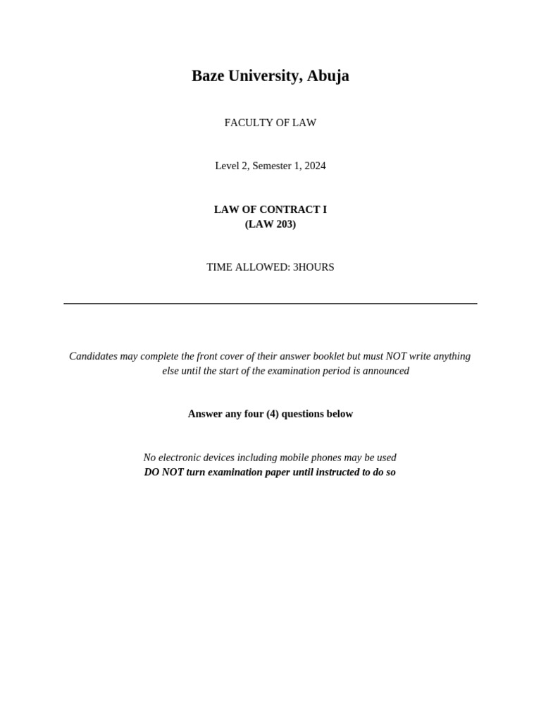 Law of Contract Exam Questions 2024 | PDF | Auction