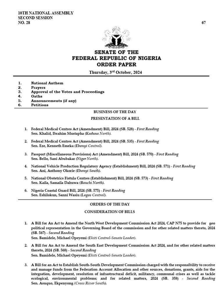 Senate Order Paper Thursday 3rd October 2024 | PDF | Nigeria