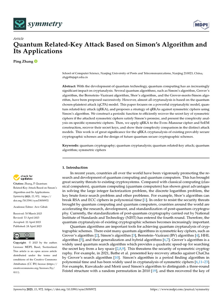 Quantum_Related-Key_Attack_Based_on_Simons_Algori | PDF | Quantum Computing | Cryptanalysis