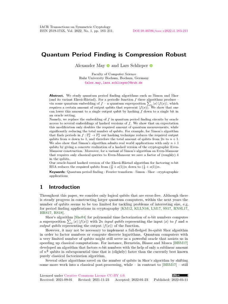 Quantum Period Finding Is Compression Robust | PDF | Quantum Computing | Theoretical Computer ...