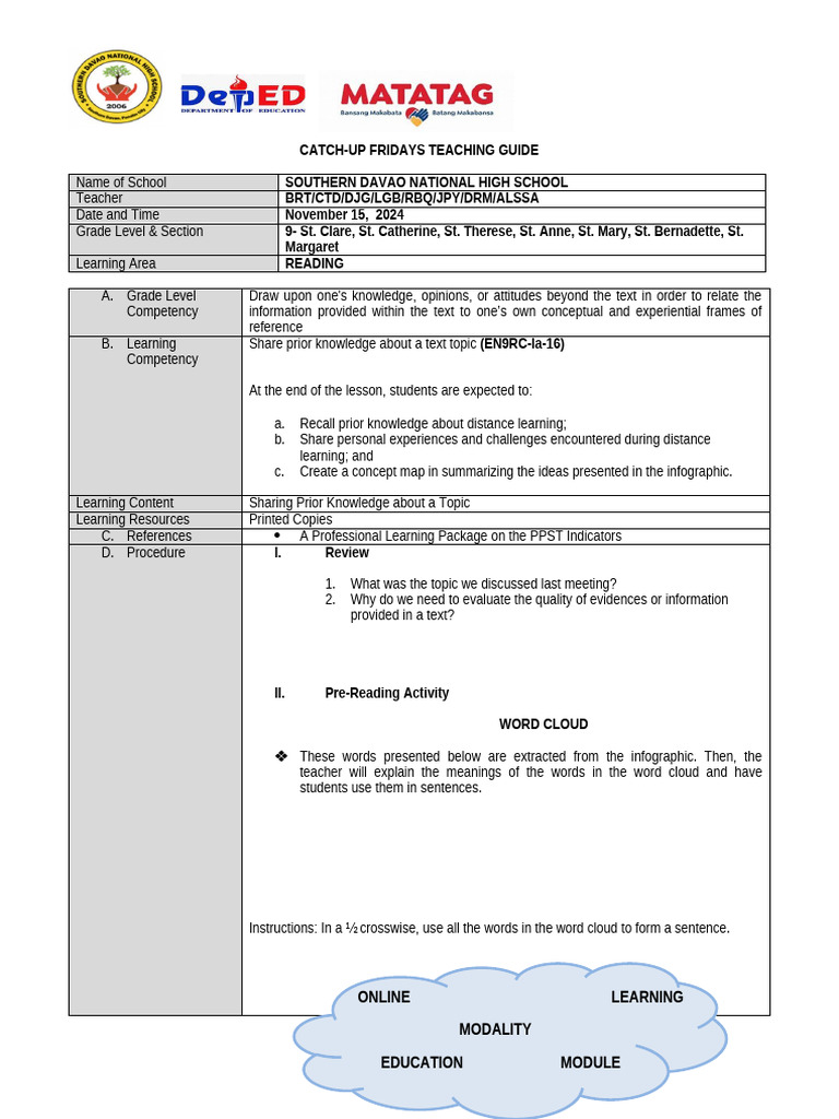4 Catch Up Friday Lesson Plan For Reading G9 | PDF | Distance Education | Cognitive Science