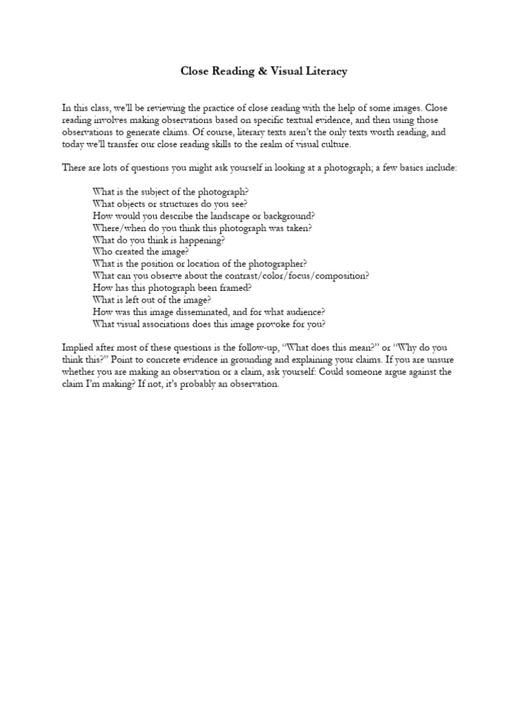 Close Reading Visual Media Handout | PDF