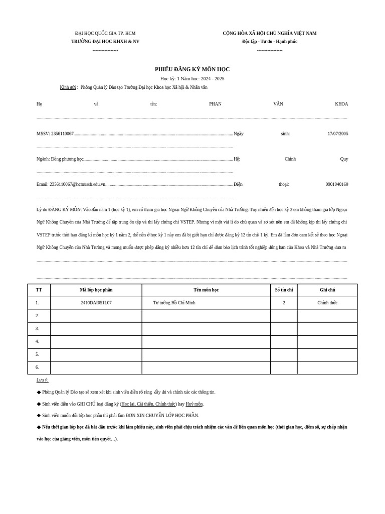 Phieu Dang Ky Mon Hoc | PDF