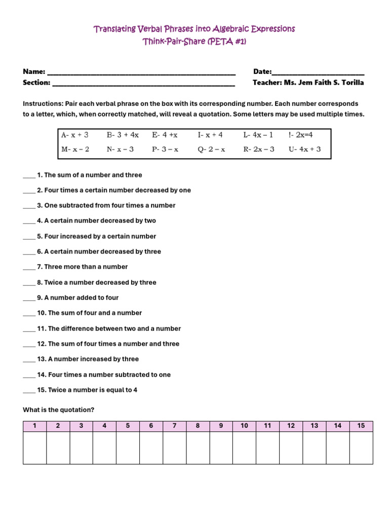 PETA1 Translating Verbal Phrases Into Algebraic Expressions | PDF