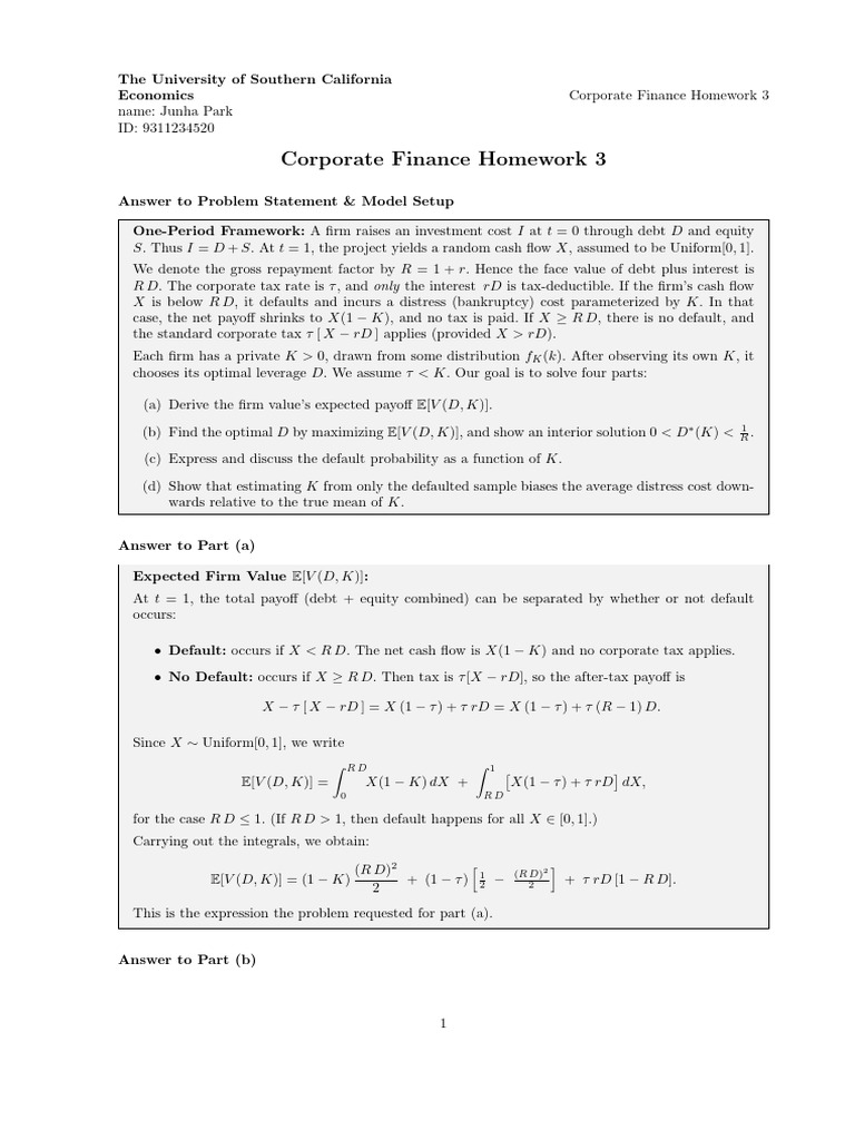 Junha Park - HW3 For Corporate Finance | PDF | Debt | Taxes