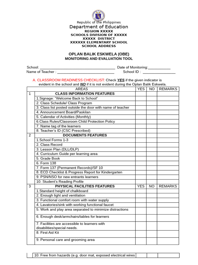 Oplan Balik Eskwela Evaluation Tool | PDF | Schools | Classroom