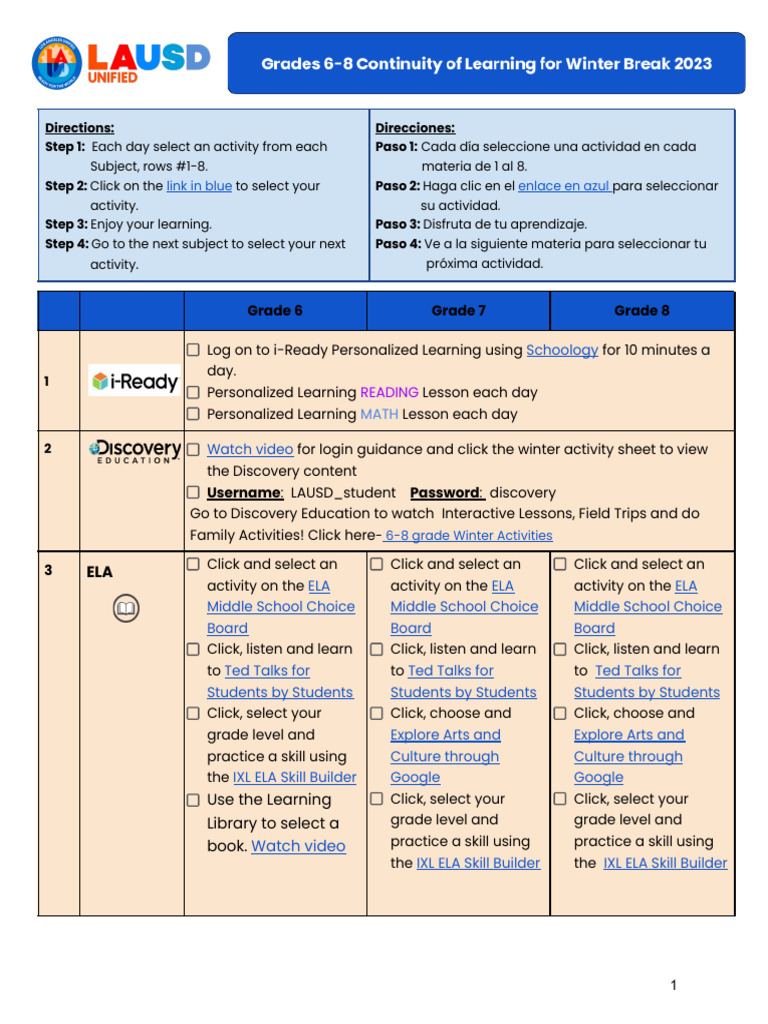 Grades 6th-8th Grade Continuity of Learning Student Care Package Winter 2023-3-1 | PDF ...