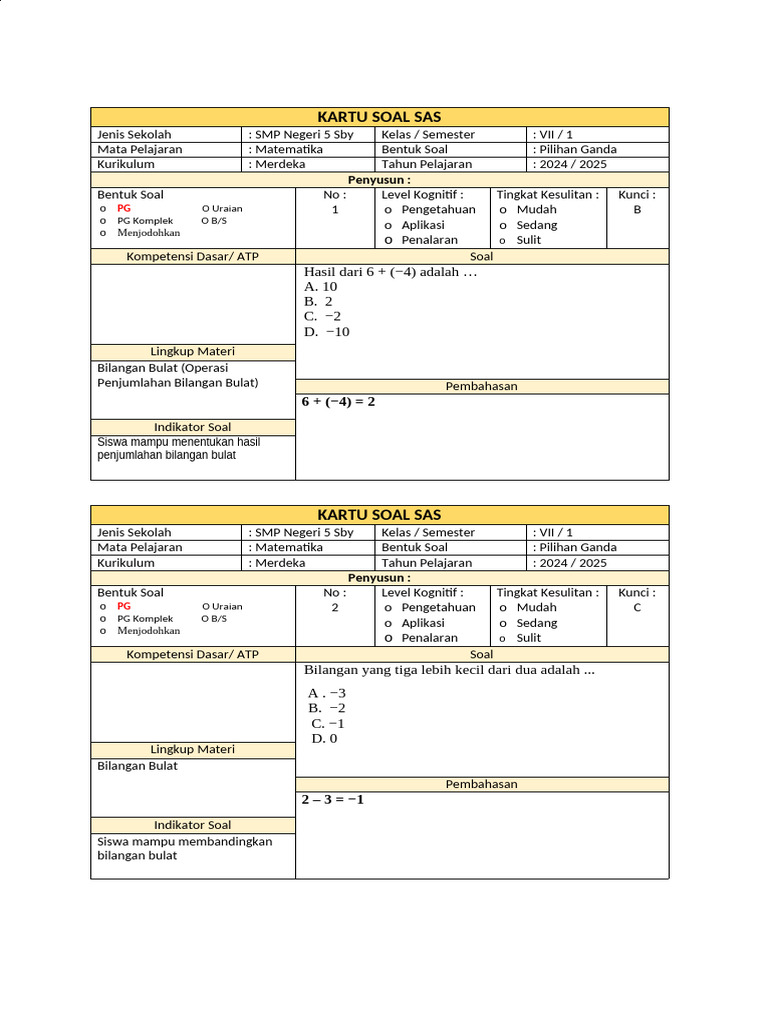 Kartu Soal Sas | PDF