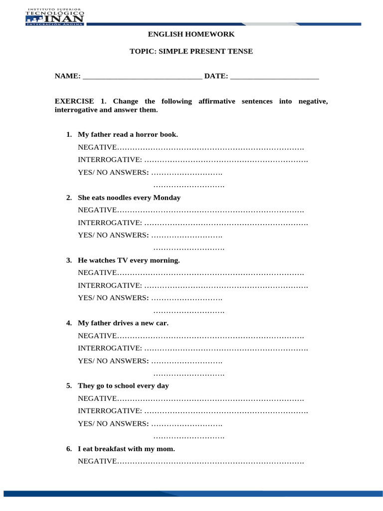 Simple Present Tense Homework Exercise | PDF