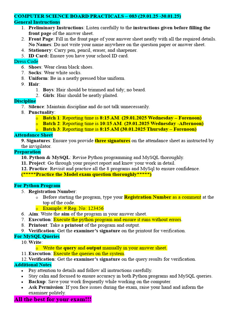 Computer Science Board Practicals Instructions | PDF