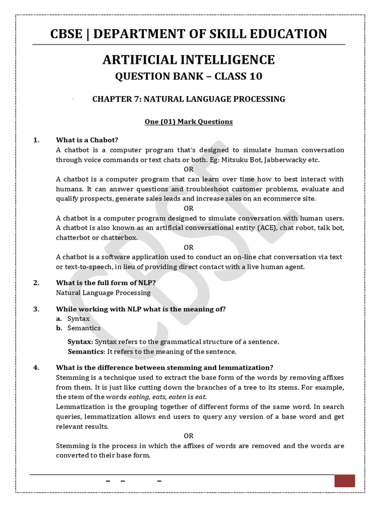 CBSE Class 10 AI NLP Question Bank | PDF | Accuracy And Precision ...