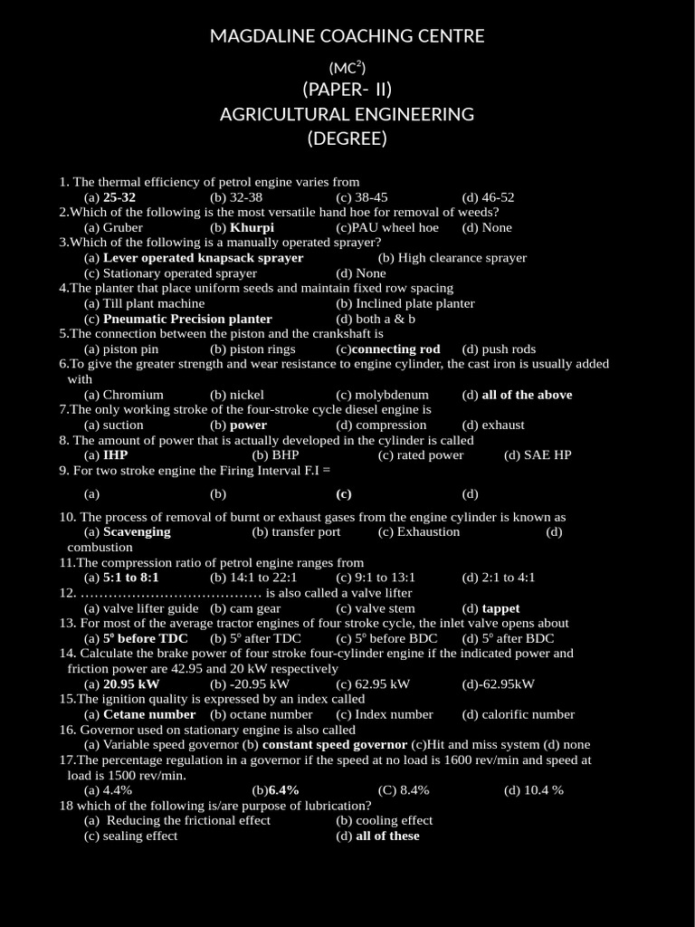 Agricultural Engineering MCQ Exam Guide | PDF | Electric Motor | Plough