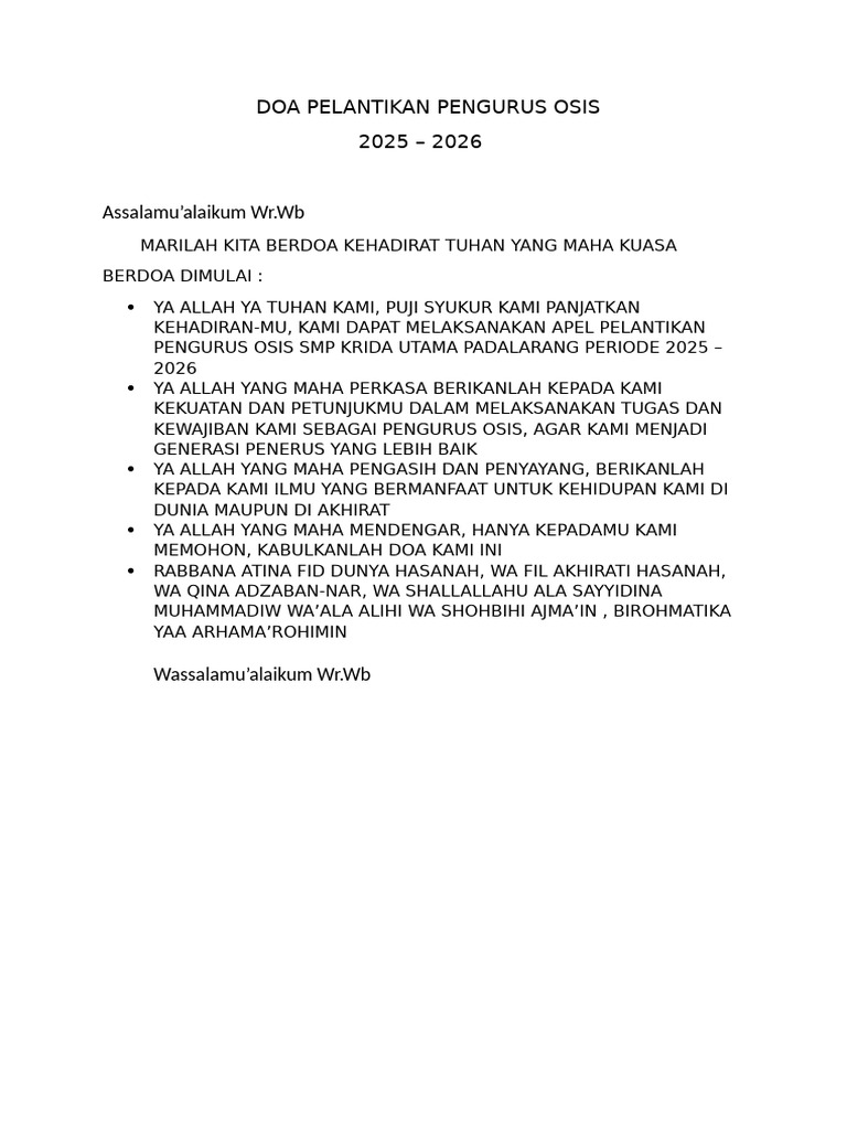 Doa Pelantikan Pengurus Osis | PDF