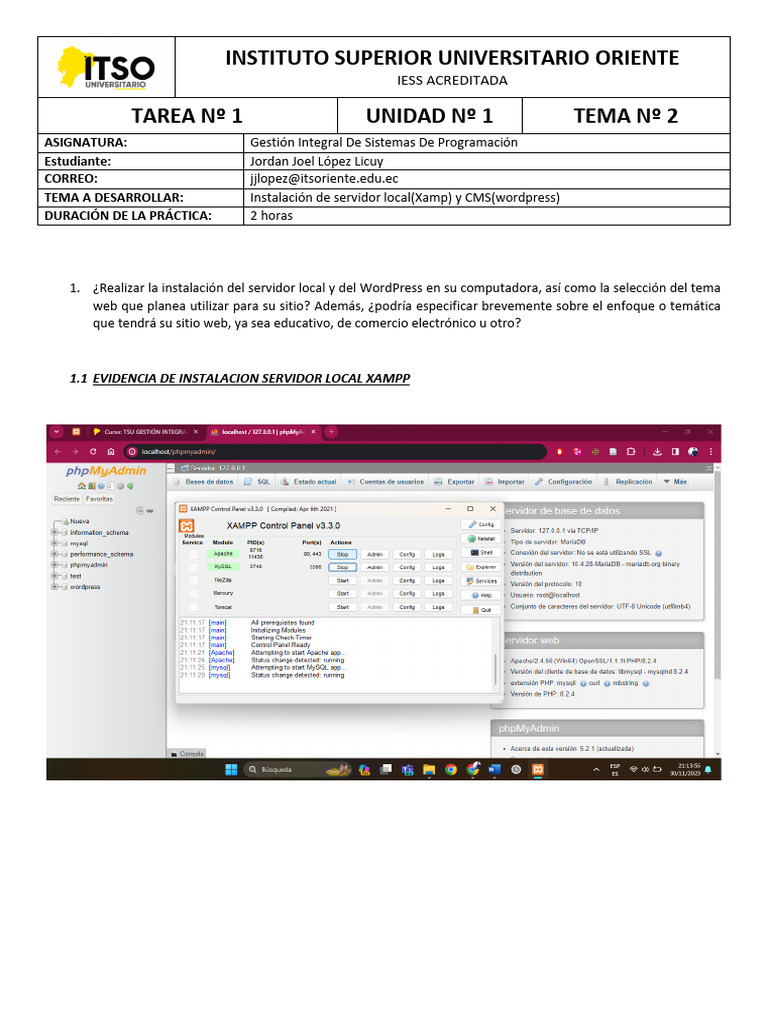 TAREA TEMA 2 Instalaci - N Del Servidor Local y Del Wordpress | PDF