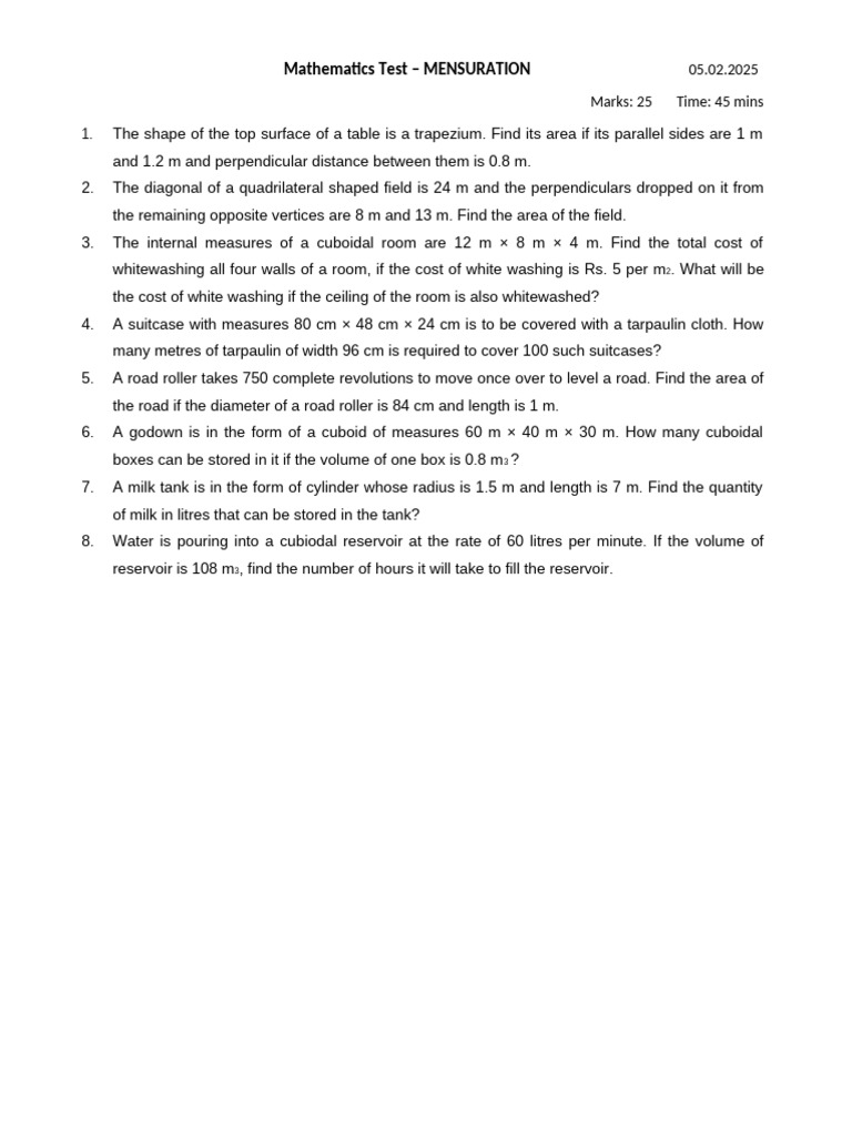 Test Mensuration | PDF