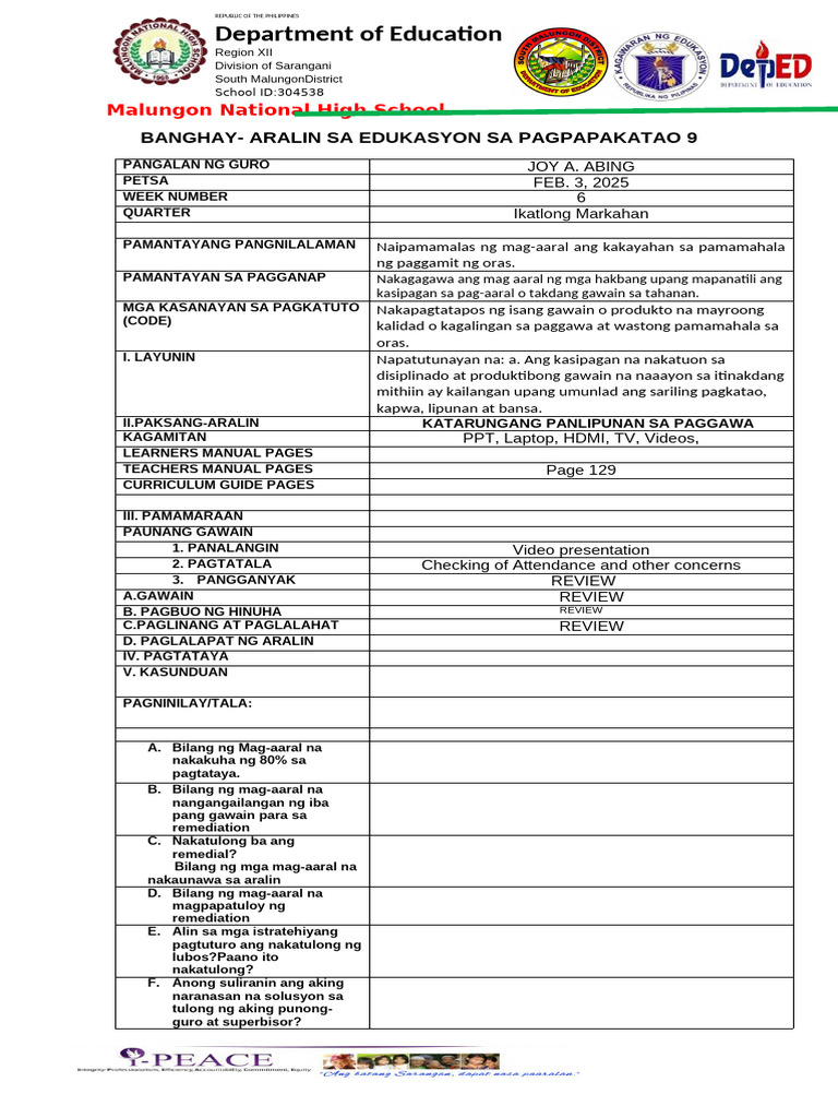 Banghay Aralin Esp 9 Week 4 | PDF