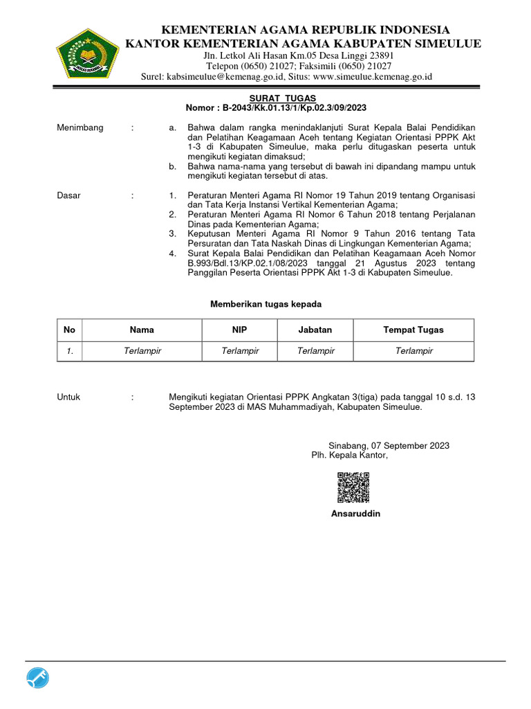 Surat Tugas PPPK Akt 3 | PDF