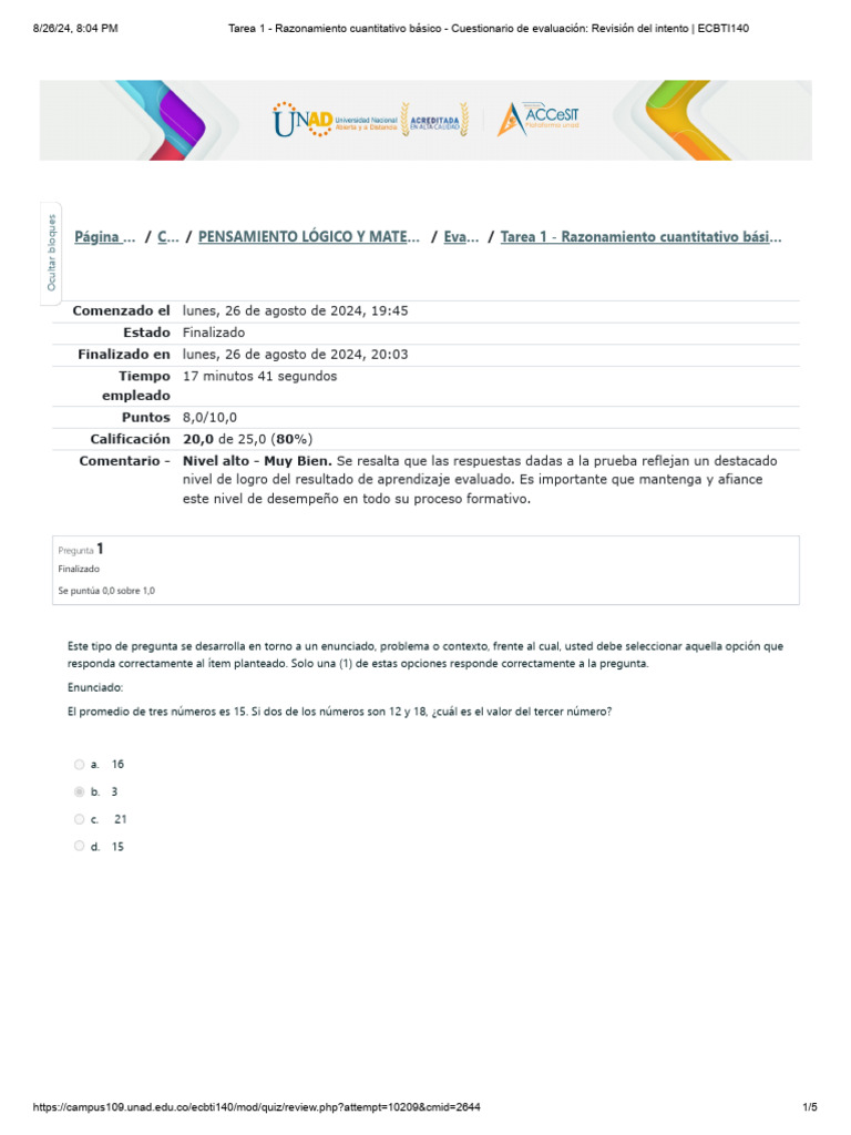 Tarea 1 - Razonamiento Cuantitativo Básico - Cuestionario de Evaluación ...