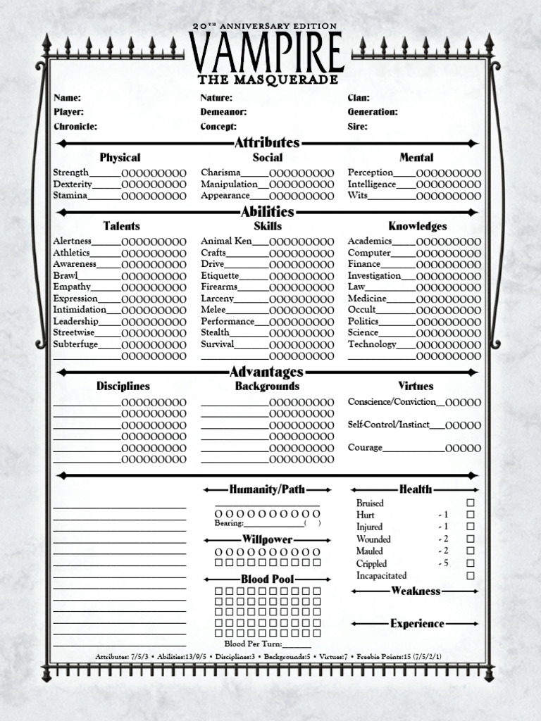 Vampire The Masquerade 20th Aniversary Character Sheet 2 | PDF ...