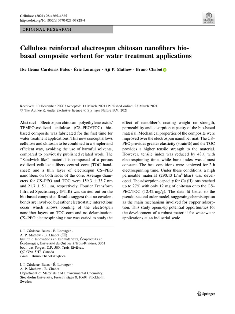 Cellulose Reinforced Electrospun Chitosan Nanofibers Bio-Based Composite Sorbent For Water ...
