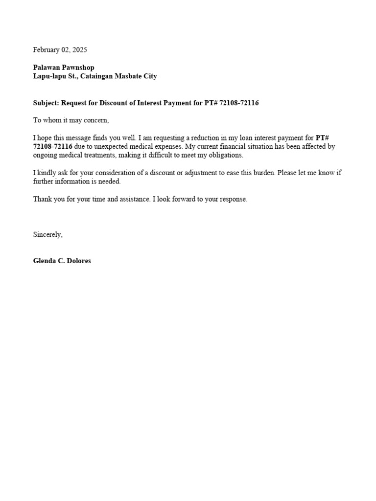 Palawan Pawnshop Request Letter | PDF