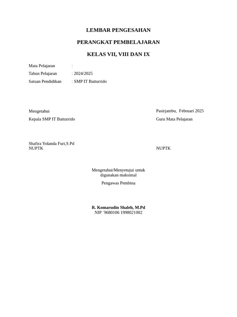Lembar Pengesahan Perangkat Pembelajaran | PDF