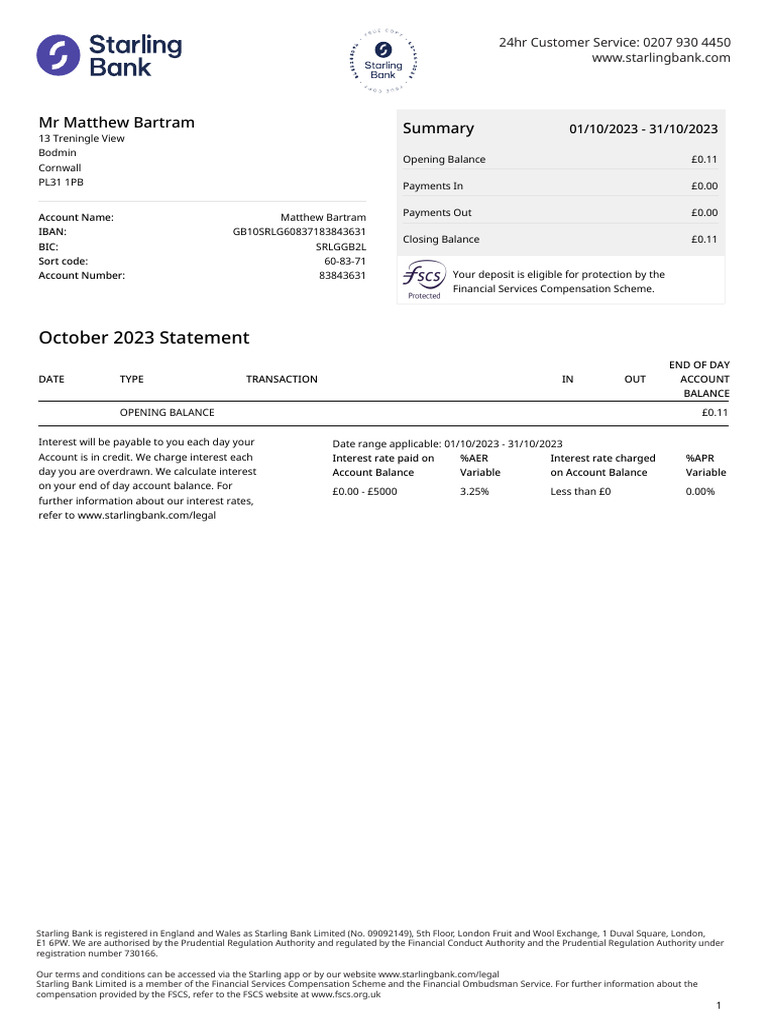 October 2023 Statement: MR Matthew Bartram | PDF | Interest | Banks