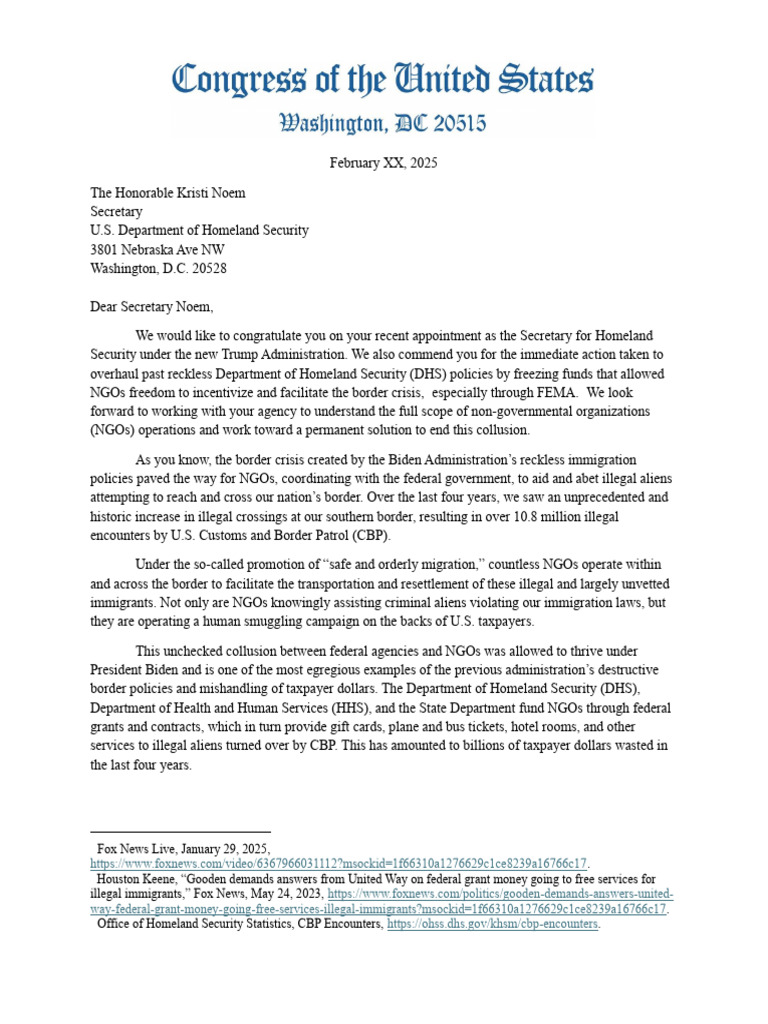 Letter To DHS On NGO Collusion and Investigation 2.6.25 | PDF | United ...