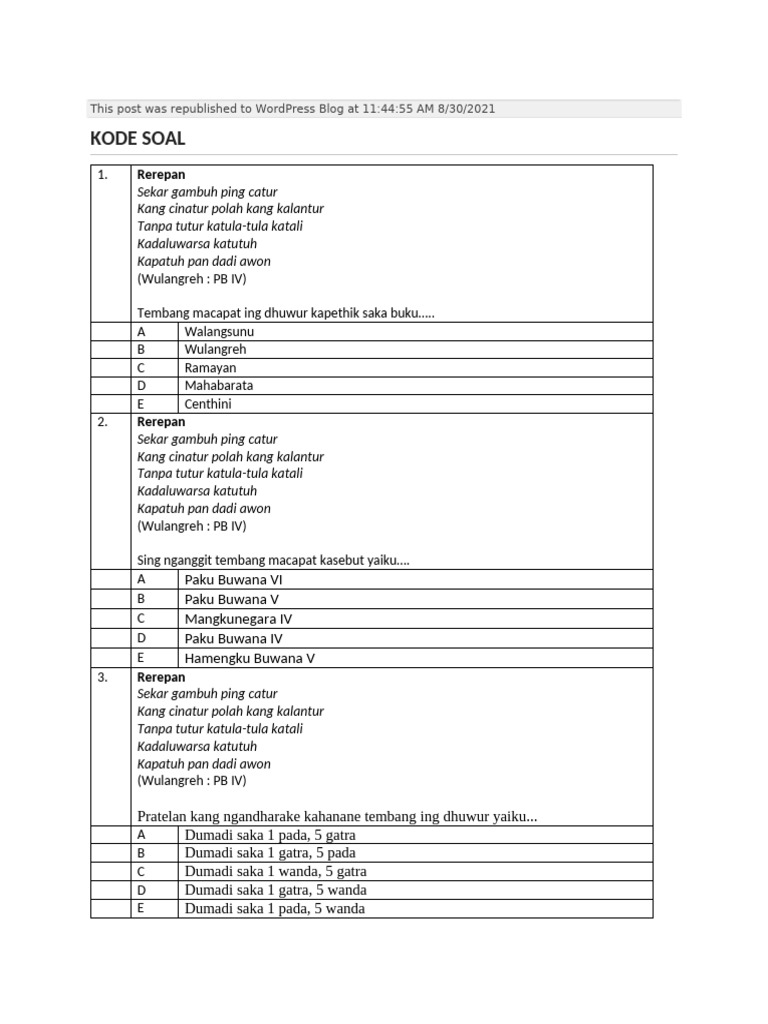 Soal B Jawa Xi Pts Genap - Docm | PDF