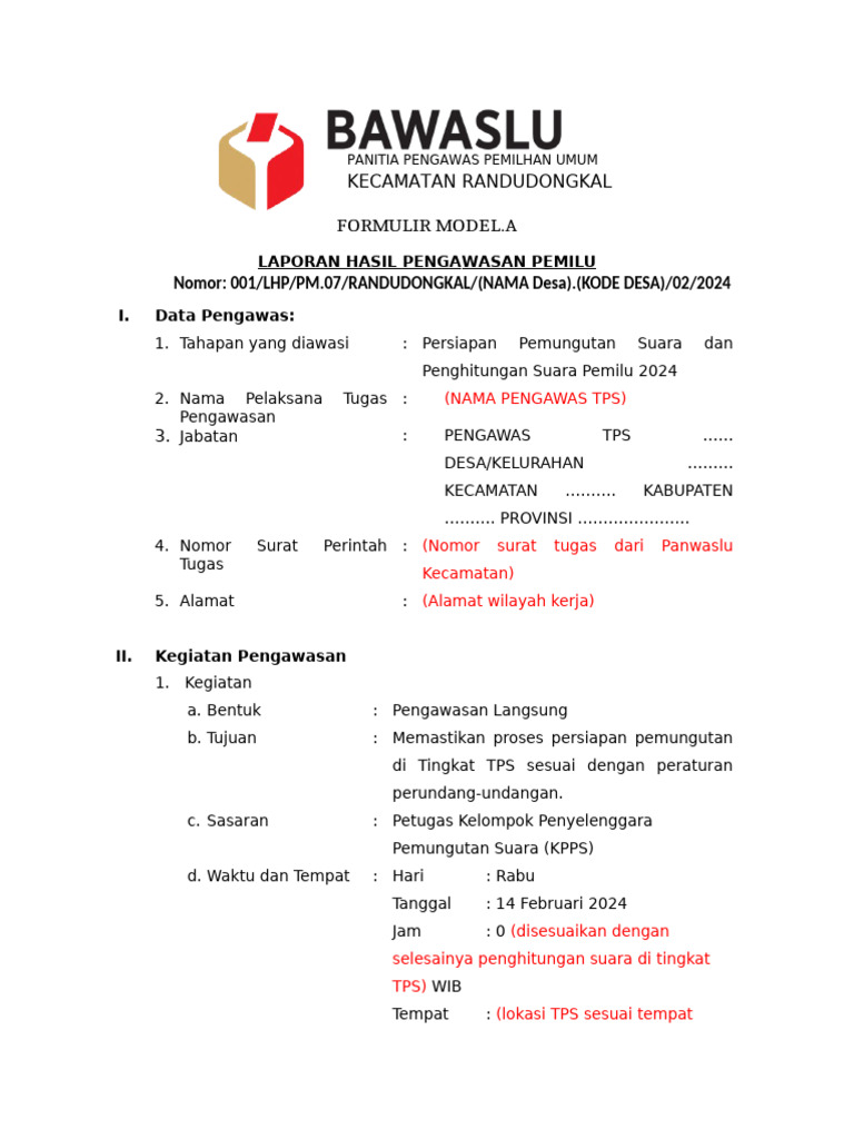 form A Persiapan Pemungutan Suara dan Penghitungan Suara | PDF
