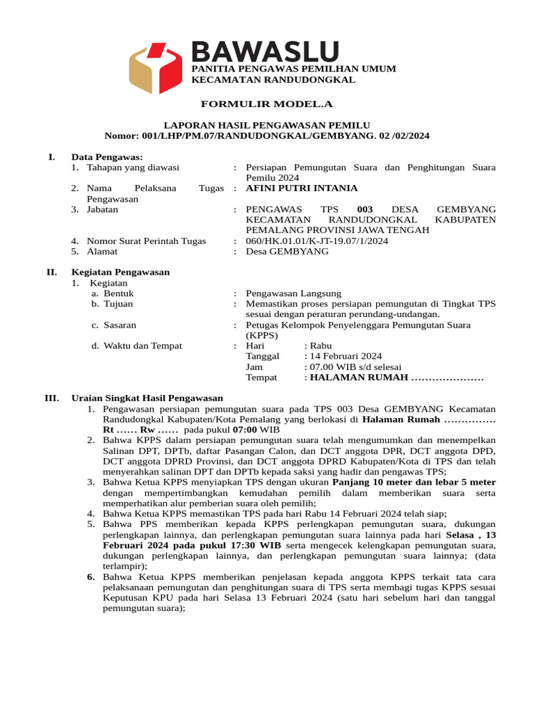 Laporan Pengawasan Pemilu 2024 TPS 003 | PDF