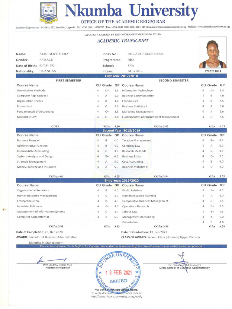 Miriam's Transcript | PDF