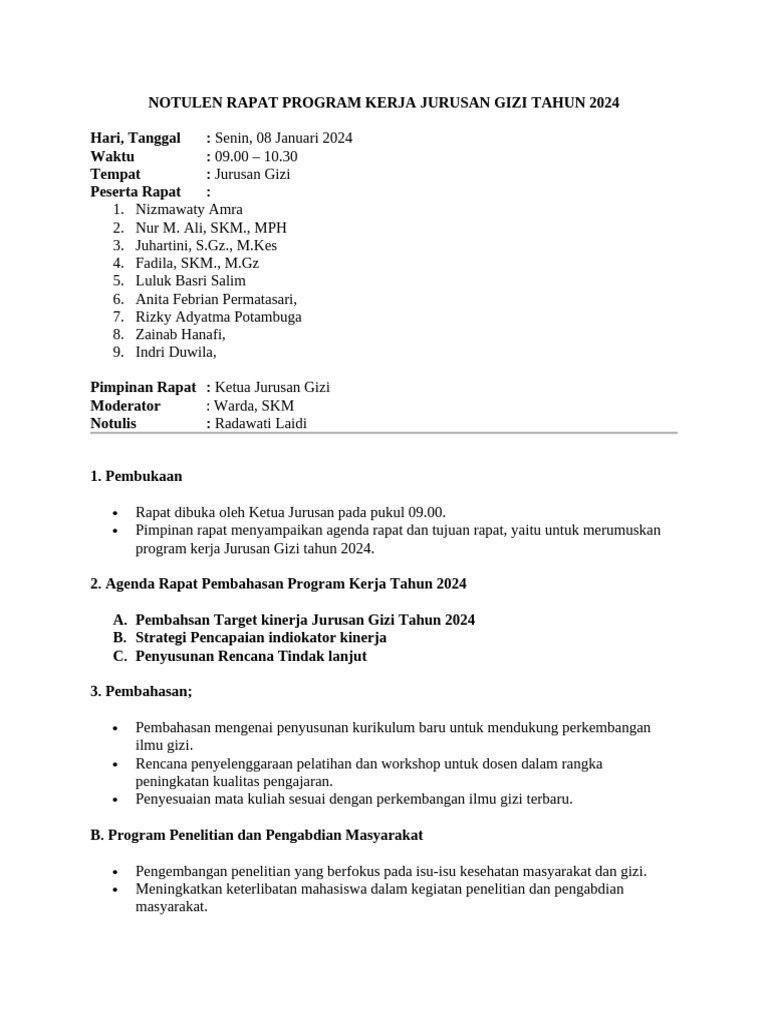 NOTULEN RAPAT PROGRAM KERJA JURUSAN GIZI TAHUN 2024 | PDF