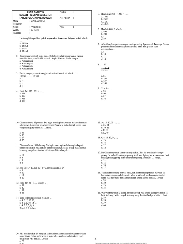 SSG (Sumatif Semester Ganjil) Matematika | PDF