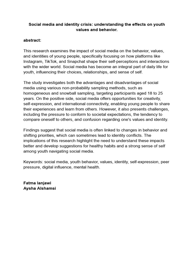 Social Media and Identity Crisis - Understanding The Effects On Youth Values and Behavior | PDF