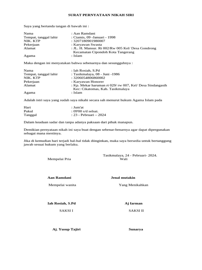 SURAT PERNYATAAN NIKAH SIRI | PDF