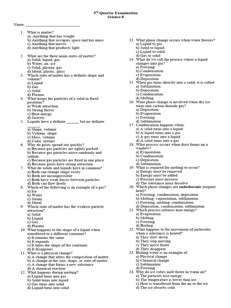 Science 8 Matter Exam Questions | PDF | Liquids | Phase (Matter)