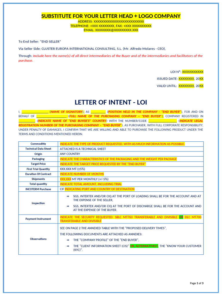 Letter of Intent for CIF Purchase | PDF