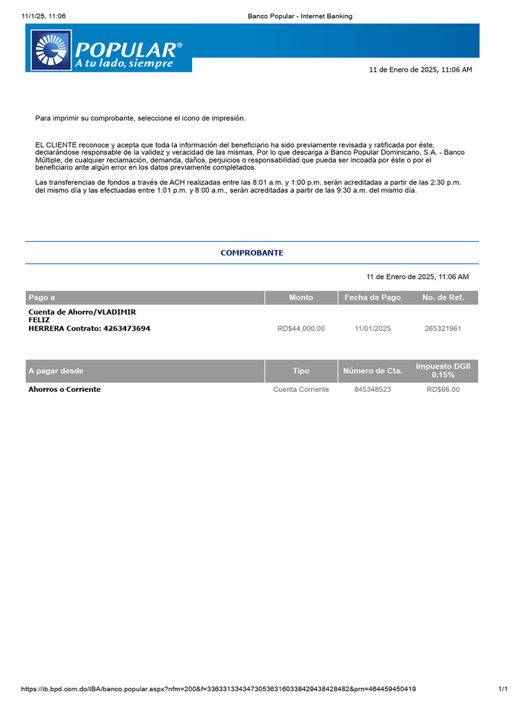 Detalles de Transferencia ACH Banco Popular | PDF