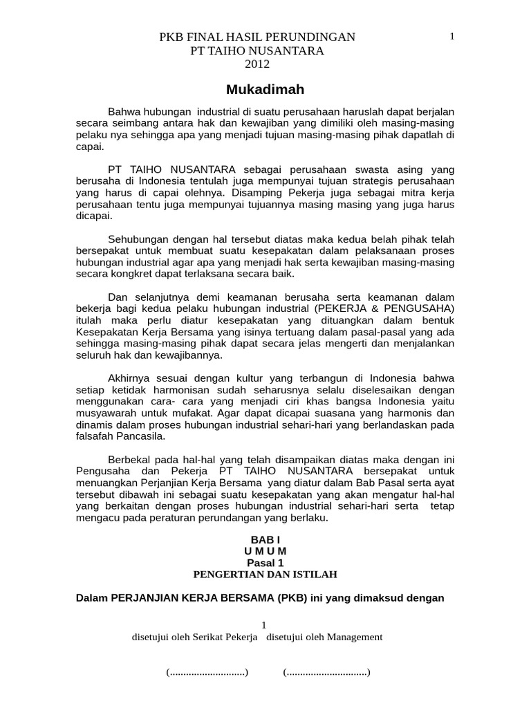 Contoh Peaturan Kerja Bersama (PKB) | PDF