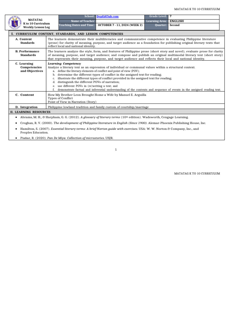 DLL Matatag - English 7 q2 w2 | PDF | Narration | Human Communication