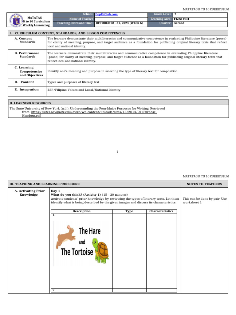 DLL Matatag - English 7 q2 w5 | PDF | Curriculum | Learning