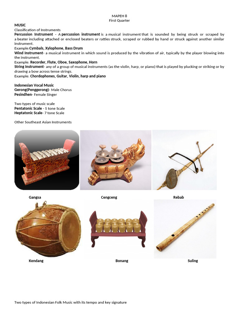 MAPEH 8 1st Quarter Review | PDF | Musical Instruments | String Instruments