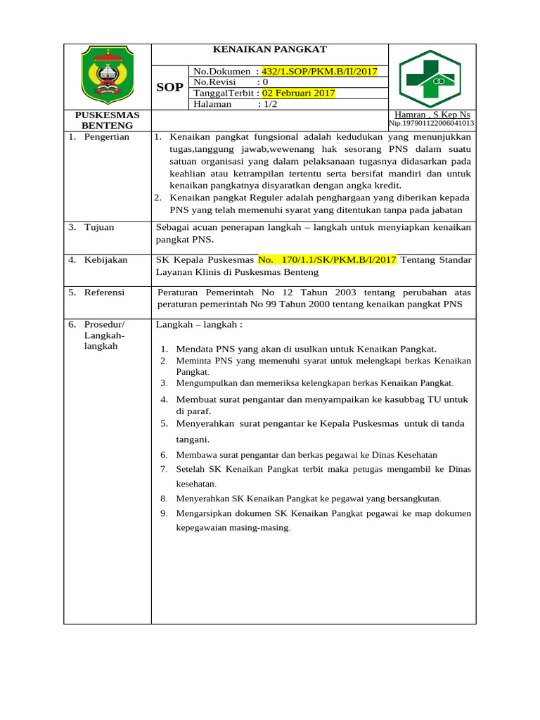 Sop Kenaikan Pangkat PKM BTG 2023 | PDF